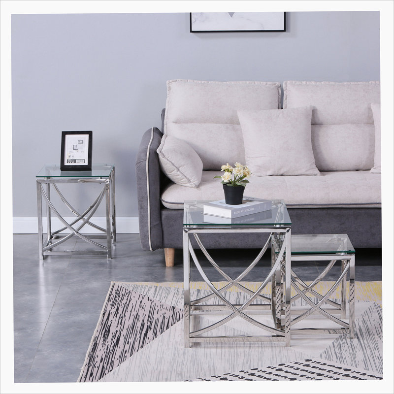 3 Pieces Silver Square Nesting Glass End Tables Small Coffee Table Set